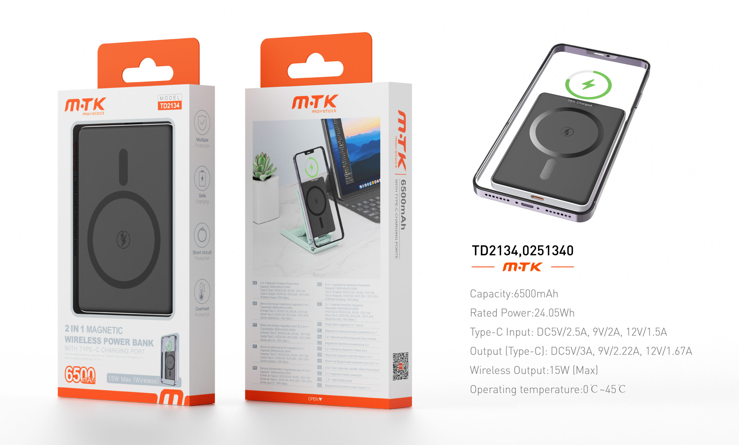 TD2134 luxury PowerBank Magneticos 2 in 1 6500mAh/24.05Wh. Con Carga Inalambrica 15W Max. Borde ...